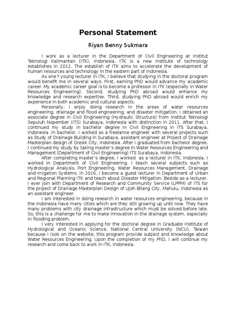 Personal Statement | PDF | Doctor Of Philosophy | Engineering