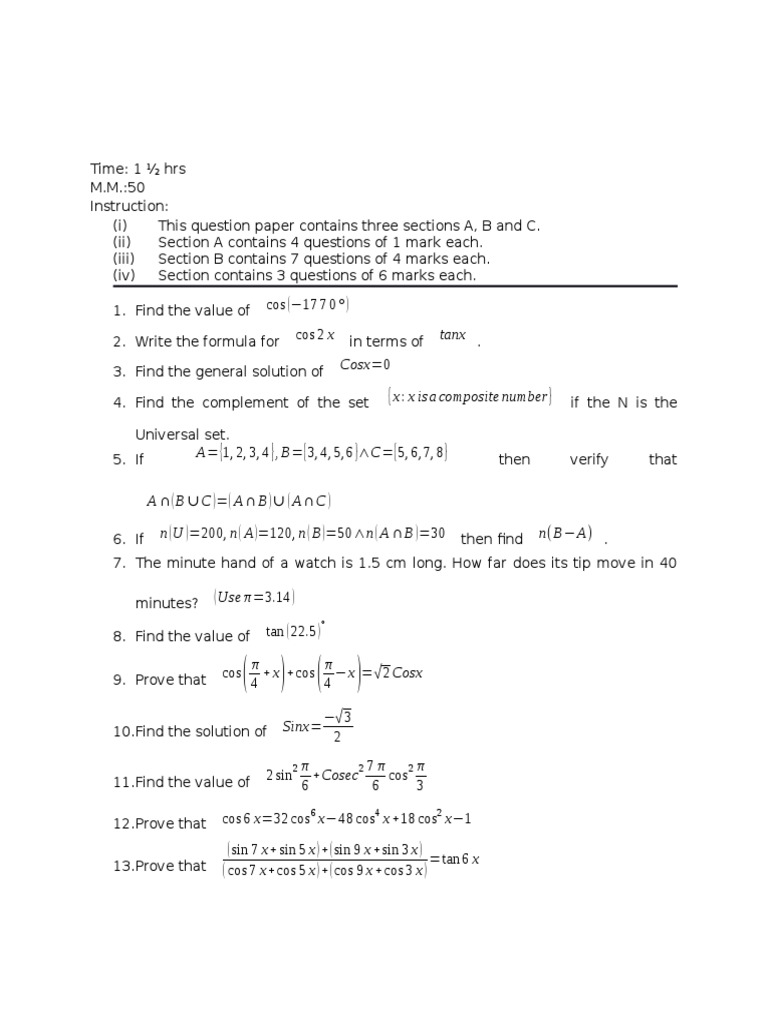 XI Maths - First Class Test | PDF
