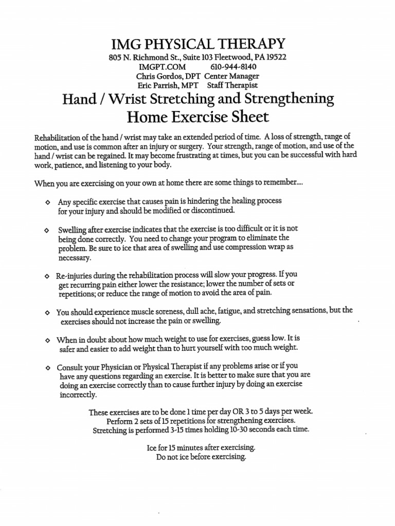Hand / Wrist Stretching and Strengthening: Home Exercise Sheet | PDF
