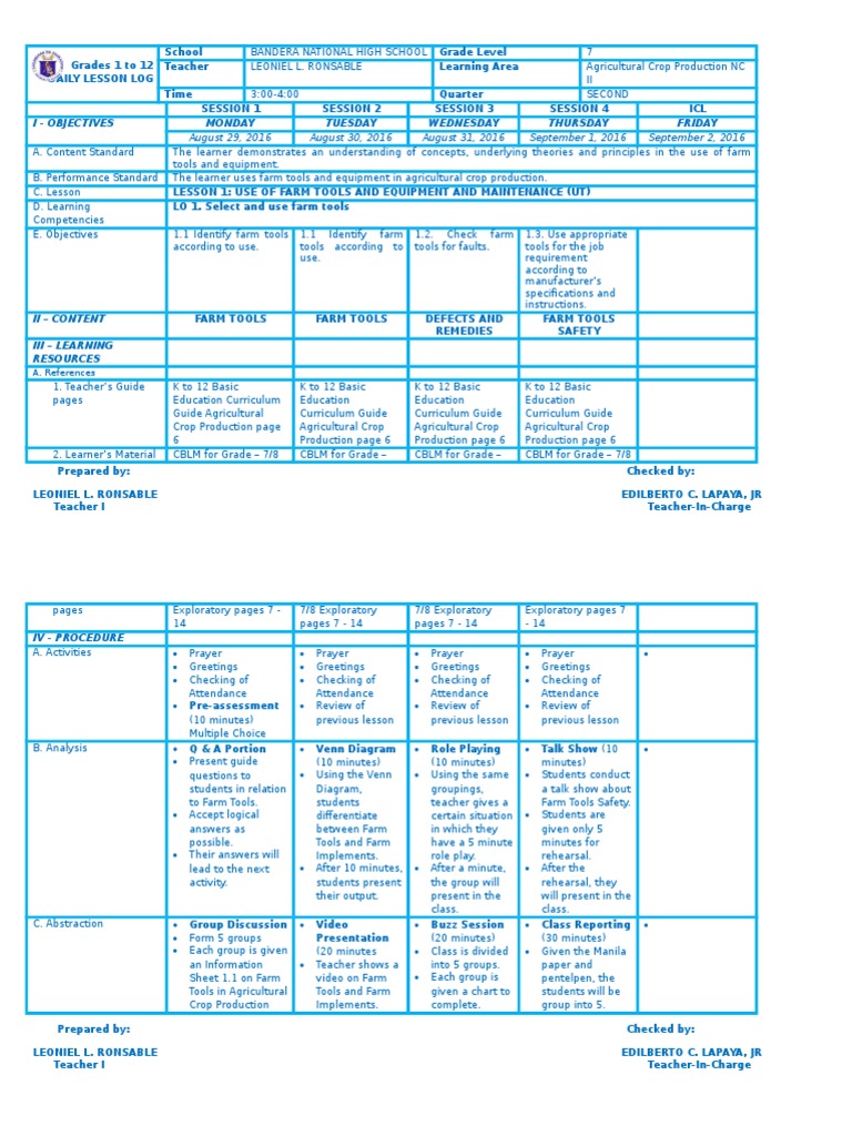 Farm Tools and Equipment Lesson Plan | PDF | Test (Assessment) | Curriculum