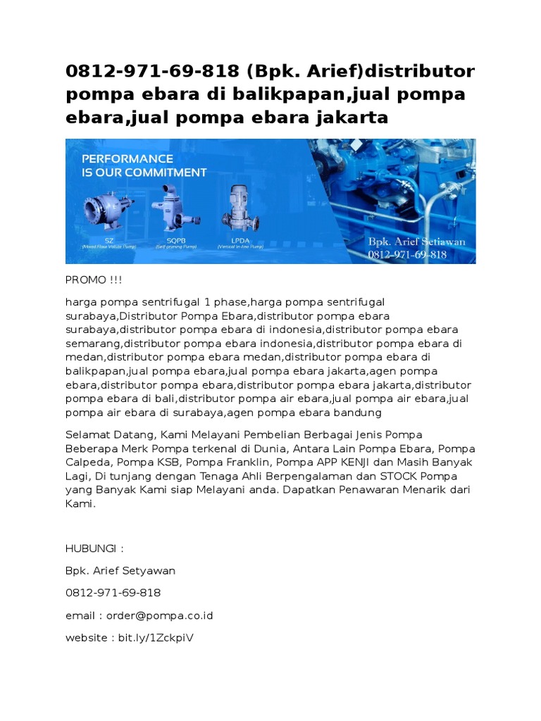0812-971!69!818 (Bpk. Arief) Distributor Pompa Ebara Di Balikpapan, Jual Pompa Ebara, Jual Pompa ...