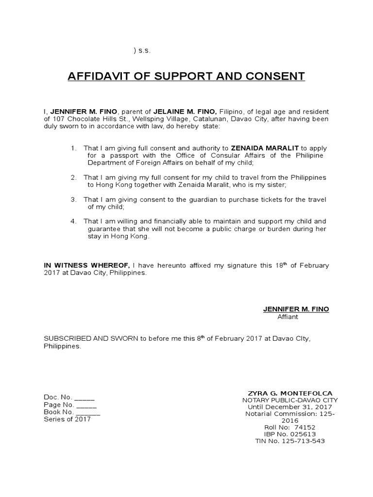 Affidavit of Support and Consent | PDF