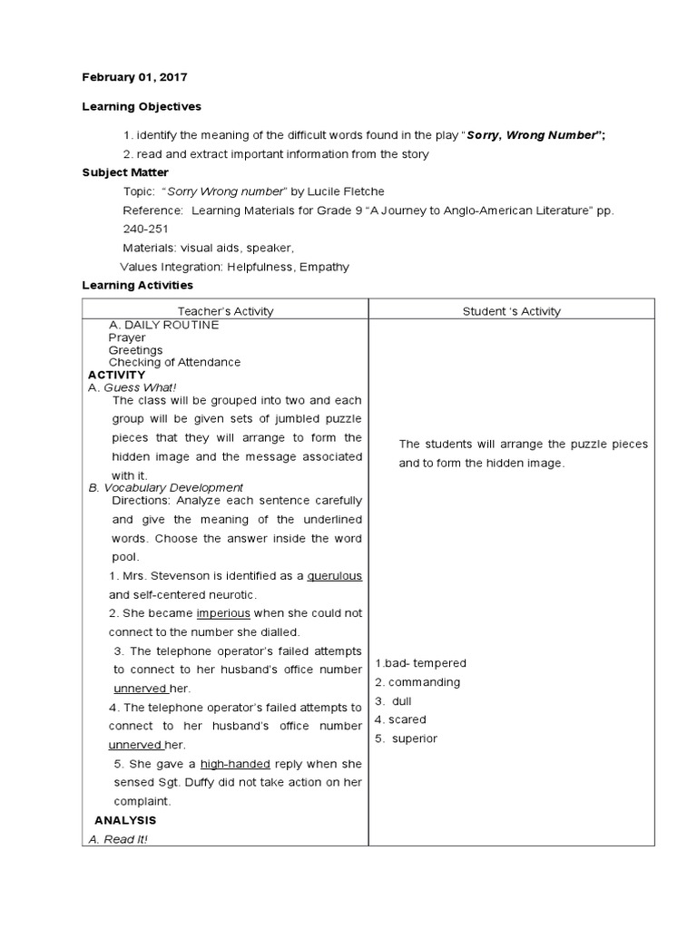 Everyday Lesson Plan Grade 9 English Sorry Lesson Plan Cognitive 