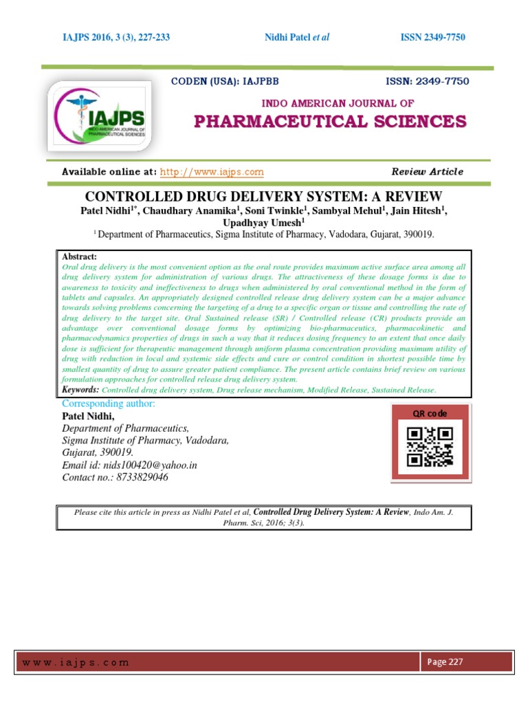 Review of Controlled Drug Delivery Systems: Focusing on Diffusion and ...