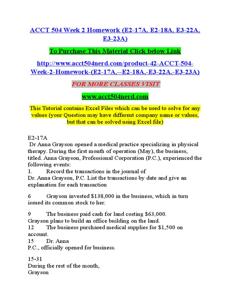 ACCT 504 Week 2 Homework (E2-17A, E2-18A, E3-22A, E3-23A) | PDF | Debits And Credits | Expense