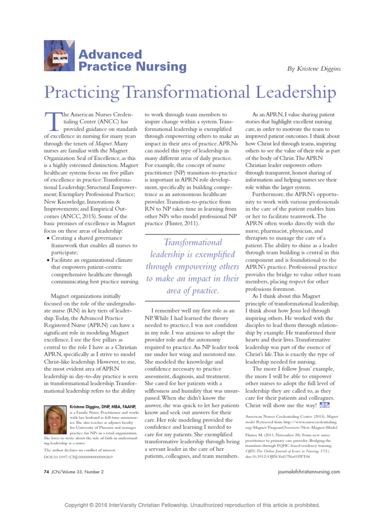Practicing transformational leadership | Nursing | Transformational ...