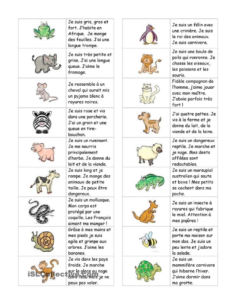 Francés Primaria Domino Animales Caracteriticas | PDF