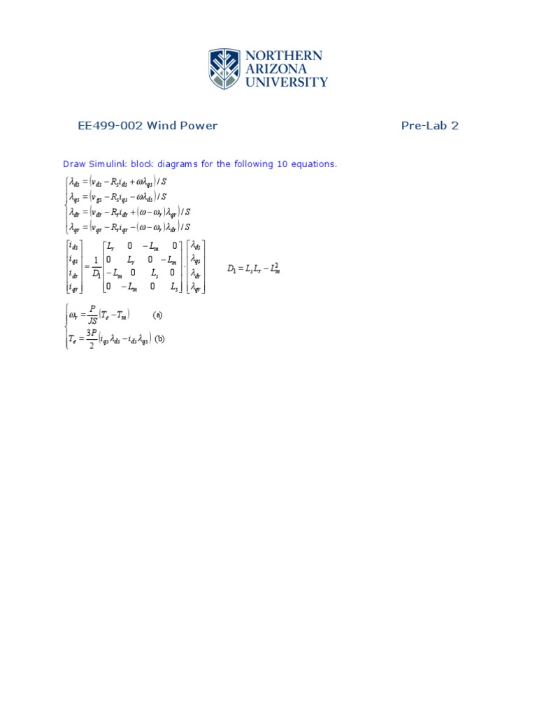 EE499-002 Wind Power Pre-Lab 2: Draw Simulink Block Diagrams For The Following 10 Equations | PDF