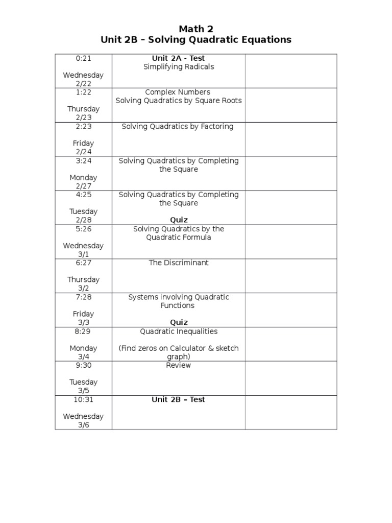 Math 2 Unit 2B - Solving Quadratic Equations | PDF