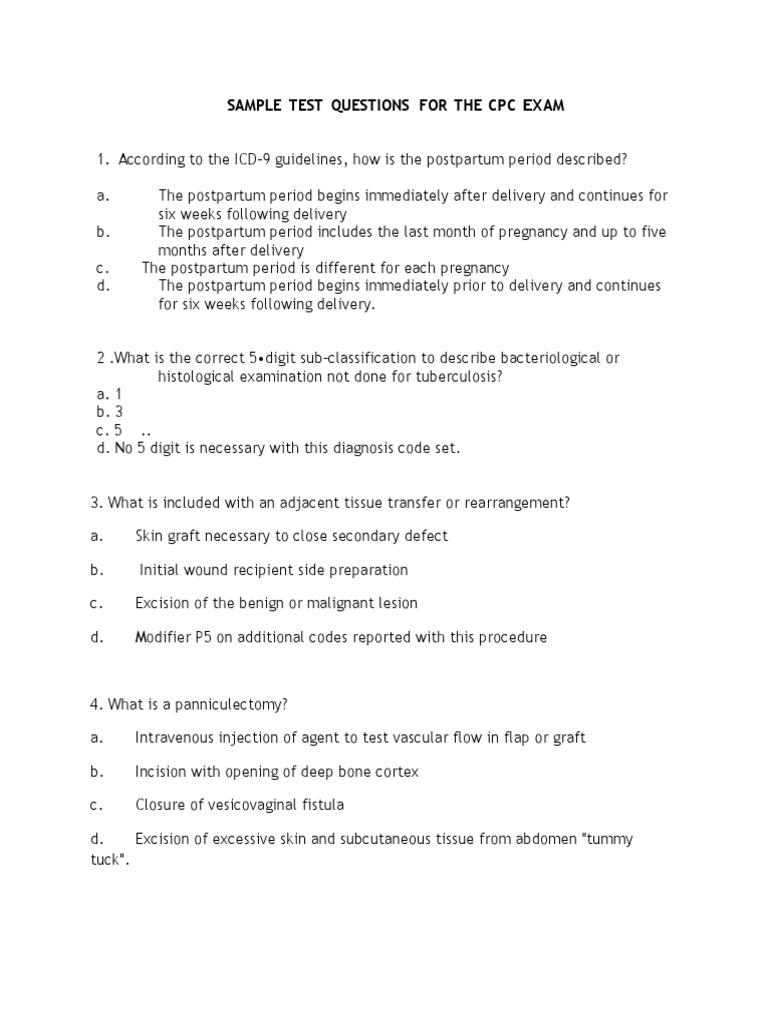 Sample Test Questions For The CPC Exam-1 | PDF | Surgery | Medical ...