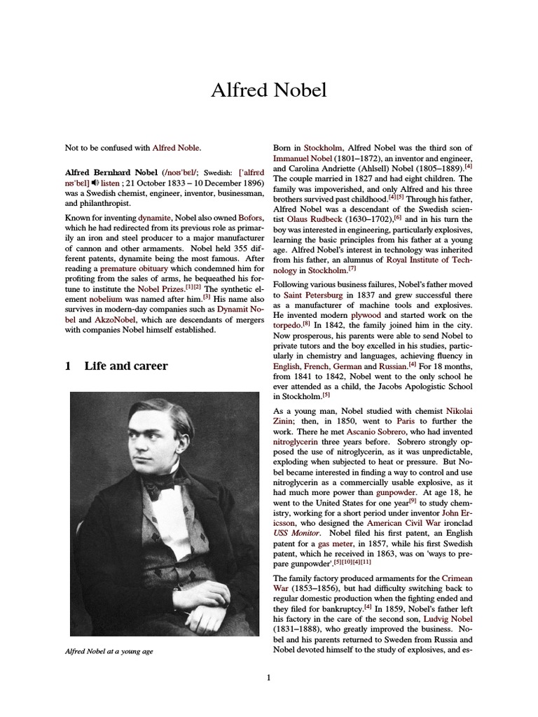 Alfred Nobel | PDF | Nobel Family | Science