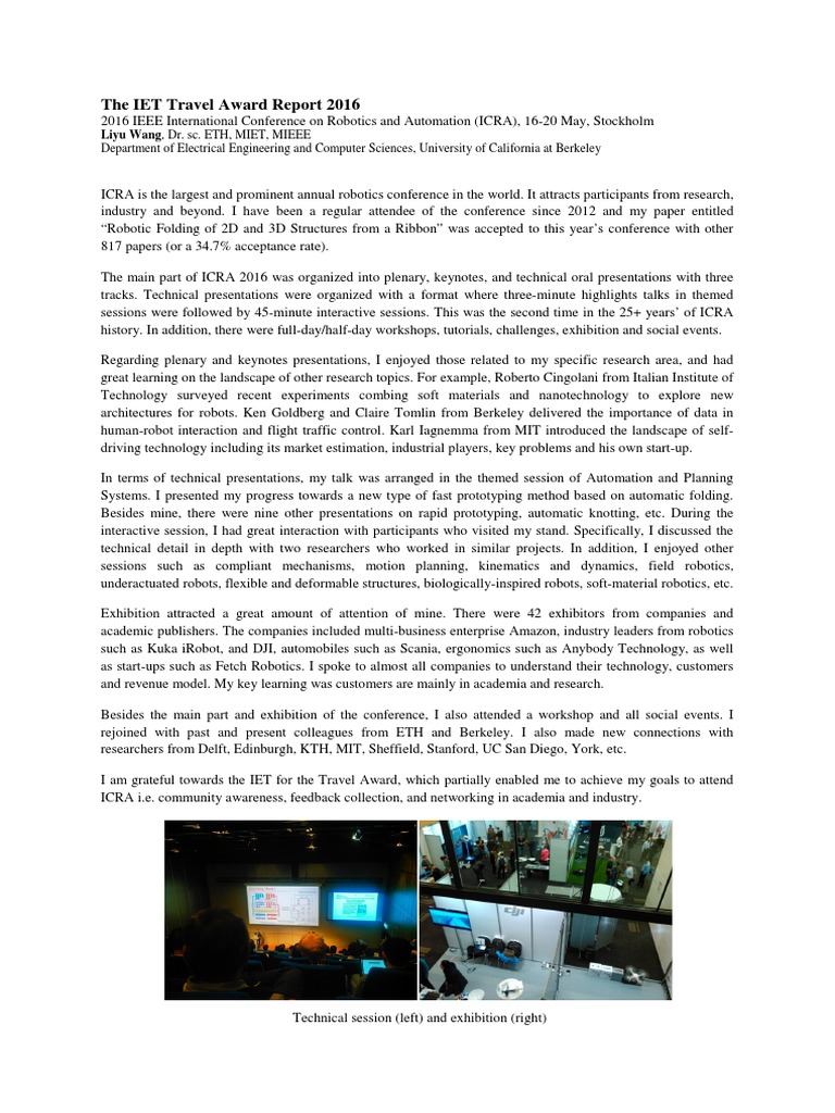 The IET Travel Award Report 2016 | PDF | Robotics | Institute Of ...