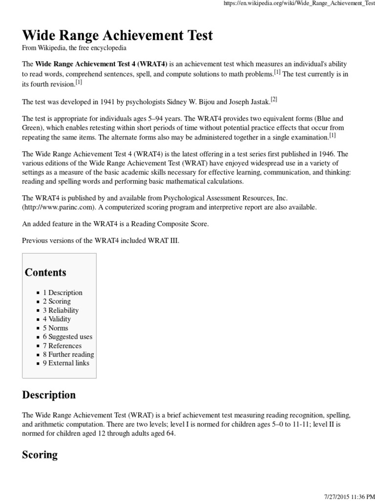 Wide Range Achievement Test - PAR | PDF | Psychology | Business
