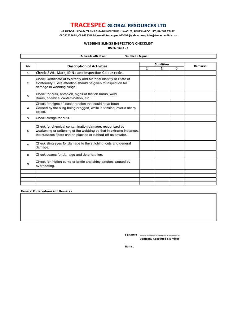 Web Sling Inspection Checklist | PDF | Technology & Engineering