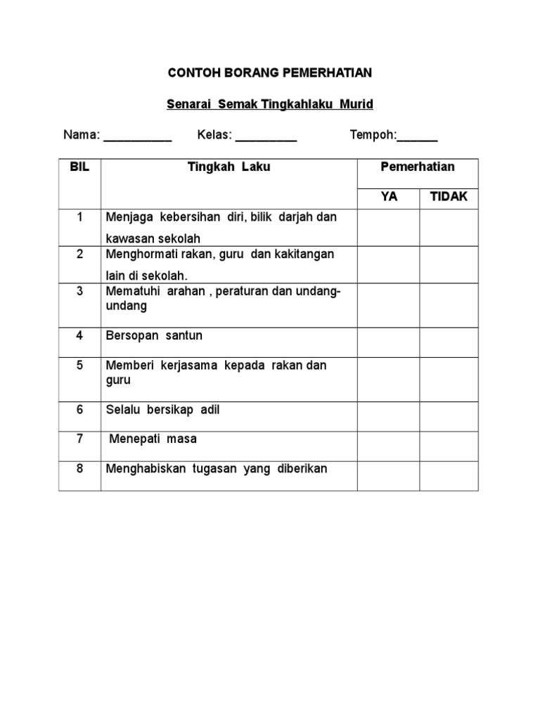 Contoh Borang Pemerhatian Tingkah Laku | PDF | Karier & Perkembangan ...