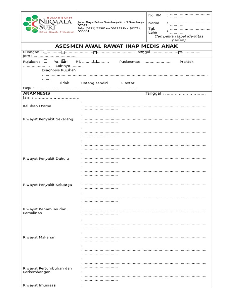 Form Asesmen Awal Rawat Inap Medis Anak | PDF