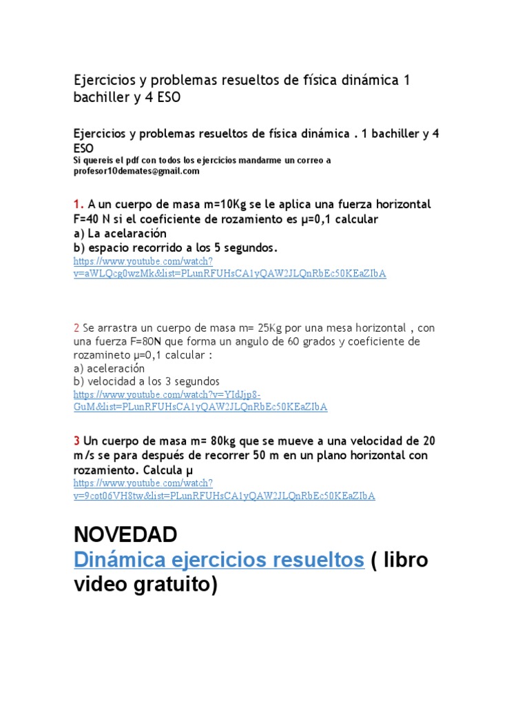 Ejercicios y Problemas Resueltos de Física Dinámica 1 Bachiller y 4 ESO | PDF | Fricción | Masa