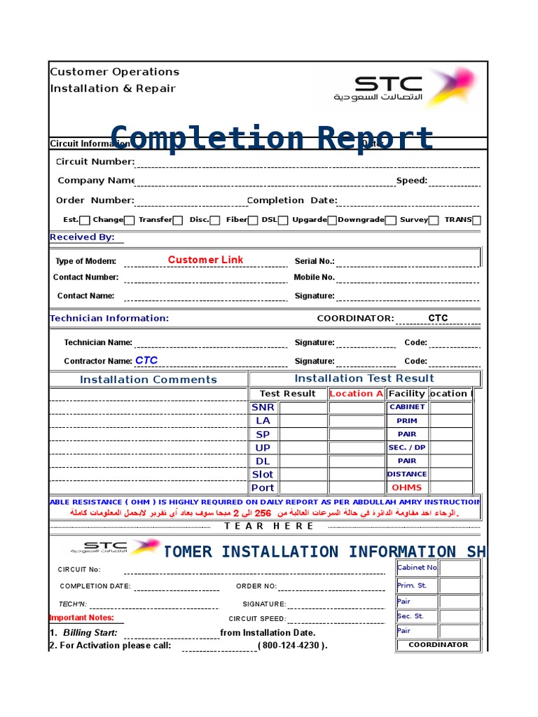 Completion Report: Customer Installation Information Sheet | PDF