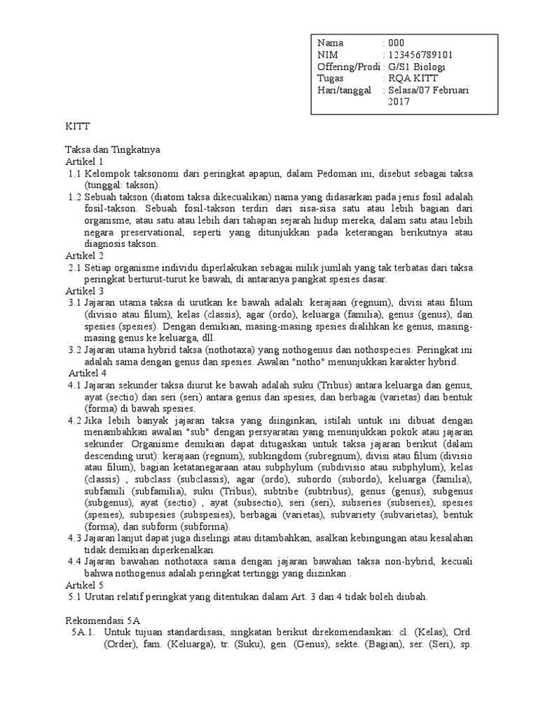 Taksonomi dan Peringkat Taksa | PDF