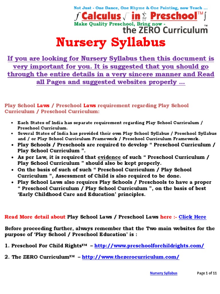 Nursery Syllabus | PDF | Preschool | Curriculum