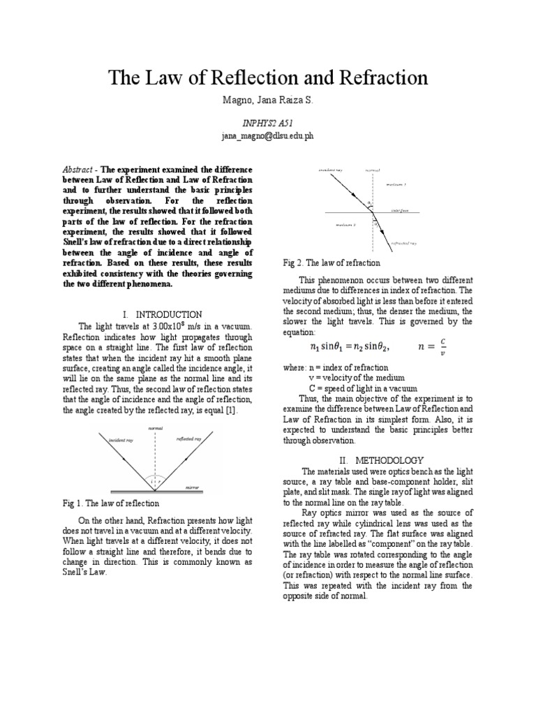 Reflection And Refraction Lab Report 1 Pdf Reflection Physics