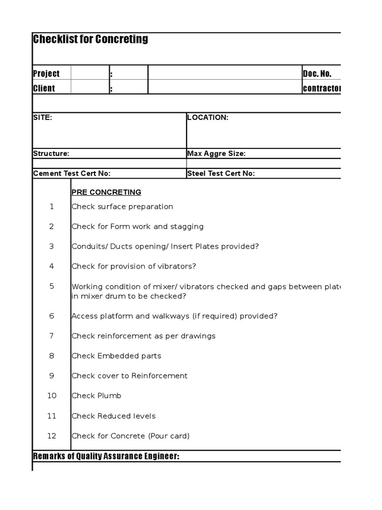 Checklist For Pre Concreting | PDF | Building Materials | Architectural ...