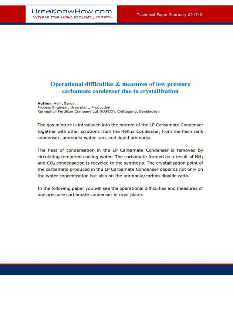 Operation Difficulties at LP Carbamate Condenser Due To Crystallization ...