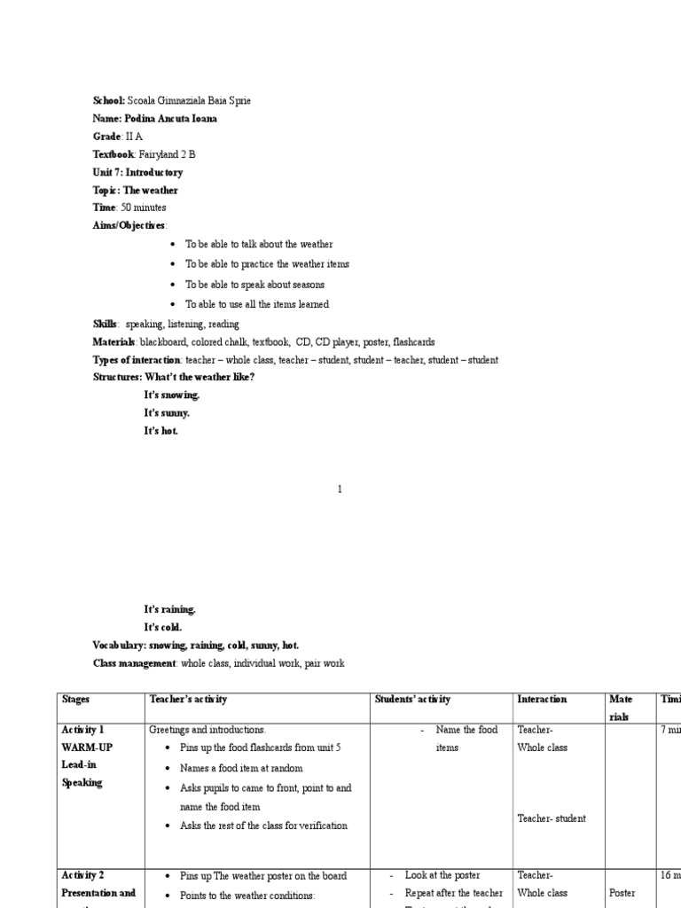 Lesson Plan Fairyland 2 The Weather | PDF | Semiotics | Education Theory