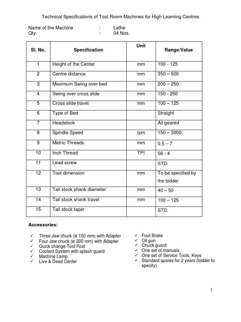 Specification For Tool Room Machineries & Metrology Equipments | PDF ...