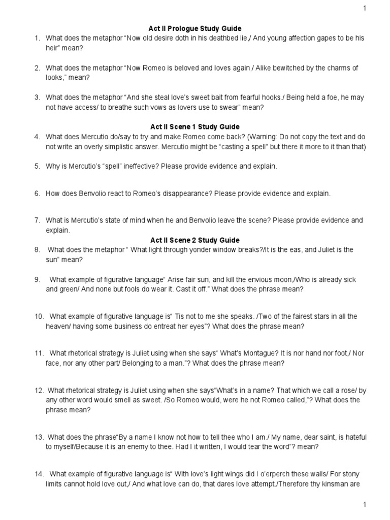 Act II Romeo and Juliet Study Guide | PDF | Characters In Romeo And Juliet
