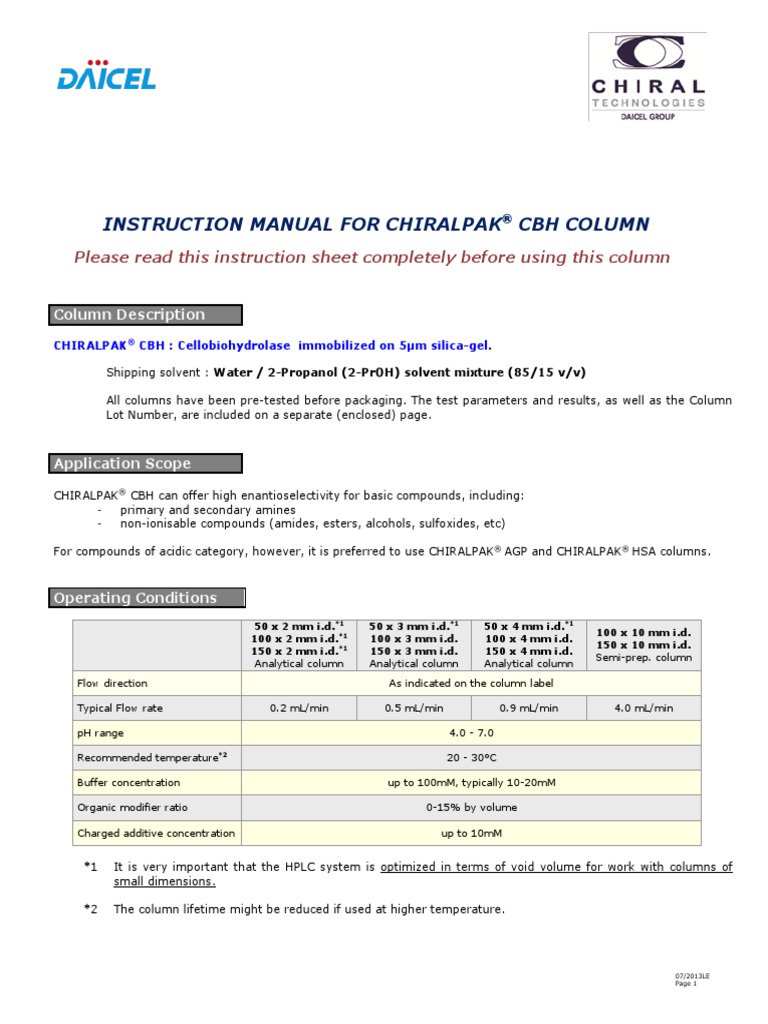 Instruction Manual For Chiralpak CBH Column: Please Read This ...