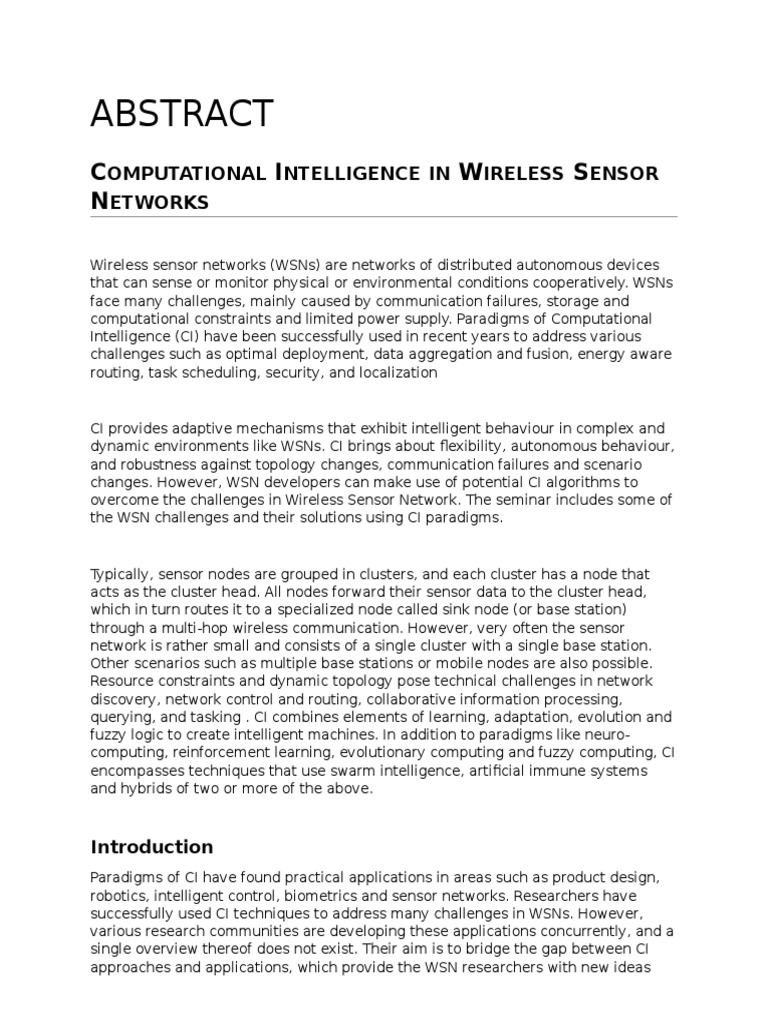 ABSTRACT Computational Intelligence in Wireless Sensor Networks | PDF | Wireless Sensor Network ...
