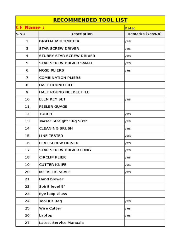 CE Name:: Recommended Tool List | PDF