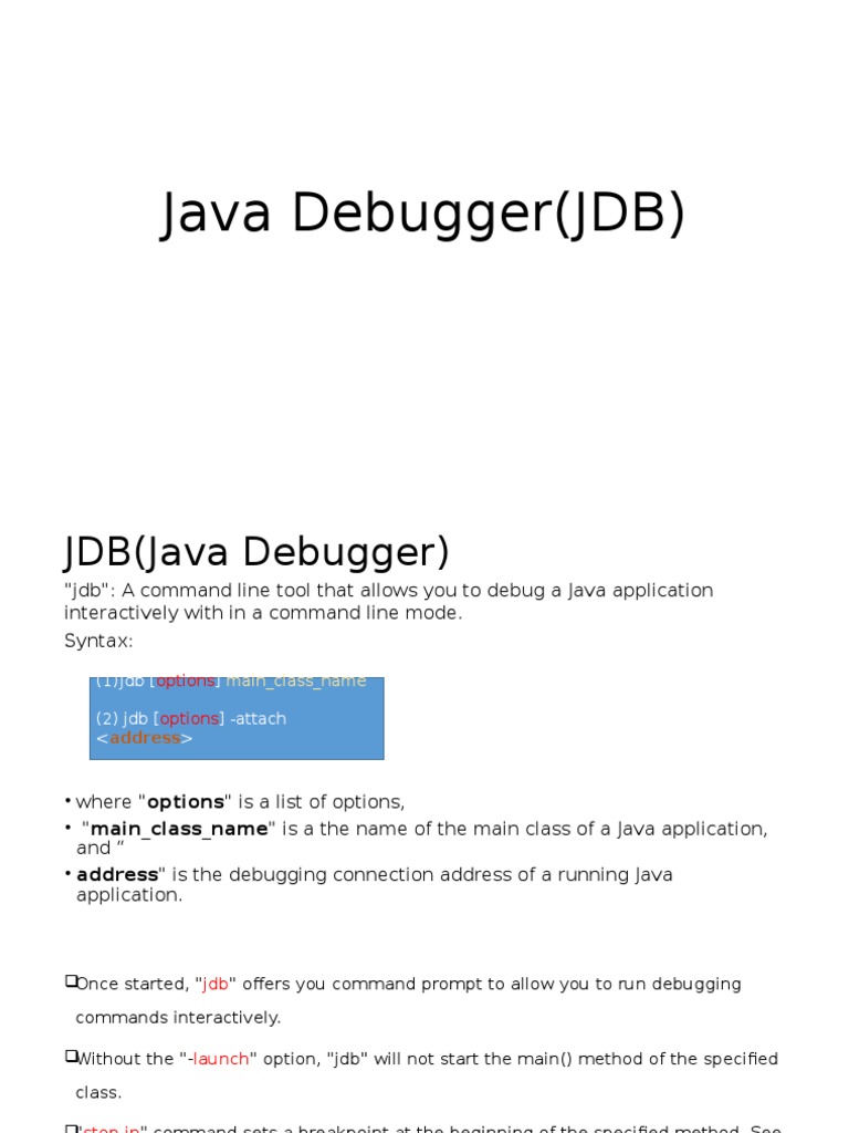 Java Debugger (JDB) | PDF | Debugging | Java (Programming Language) Java Debugger (JDB) | PDF | Debugging | Java (Programming Language)