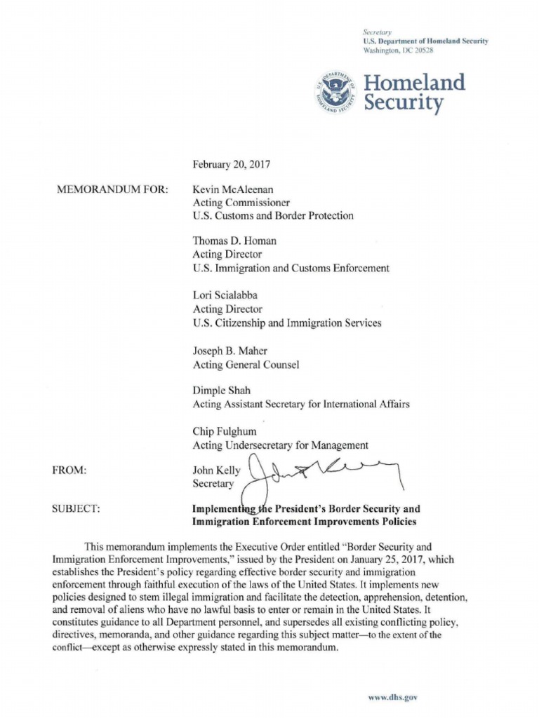 DHS Memo: Implementing The Presidents Border Security Immigration Enforcement Improvement ...