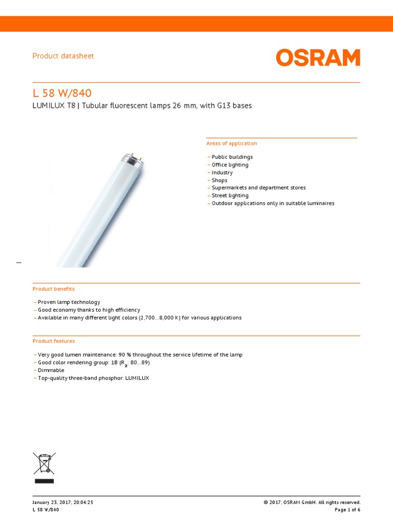 Lampada Osram L 58 W 840 | PDF | Lighting | Equipment