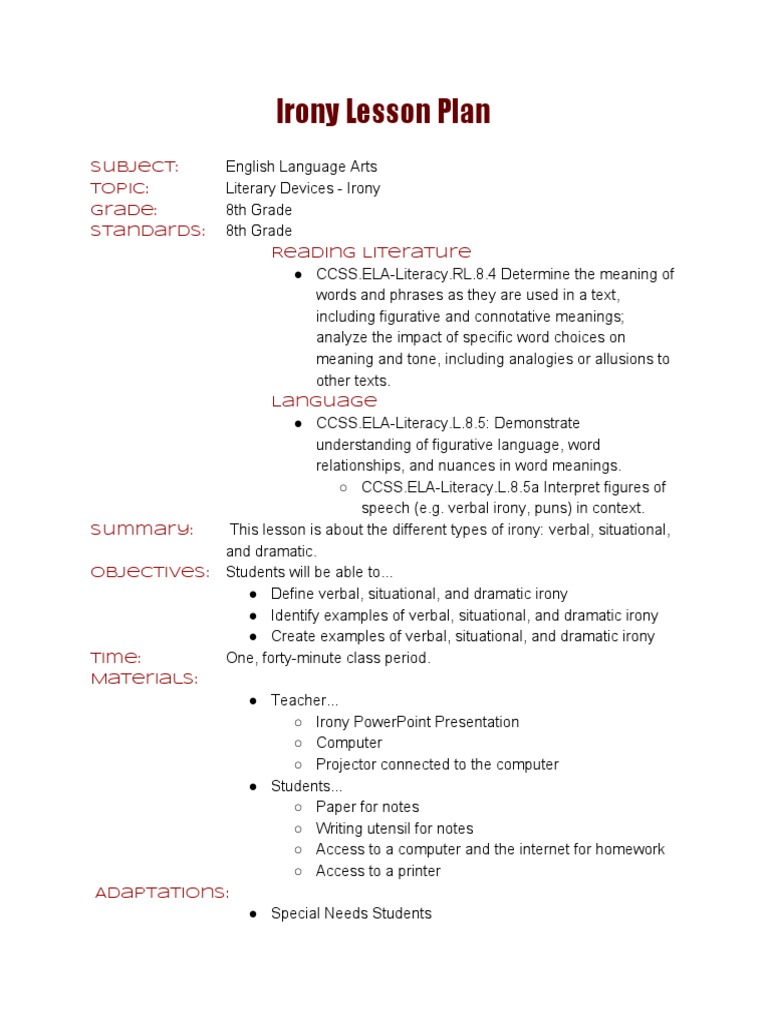 Ironylessonplan | PDF | Irony | Educational Assessment