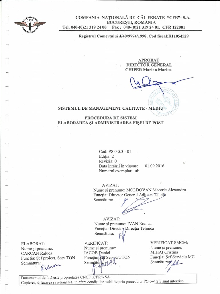 Procedura PS 05301 Fise de Post | PDF