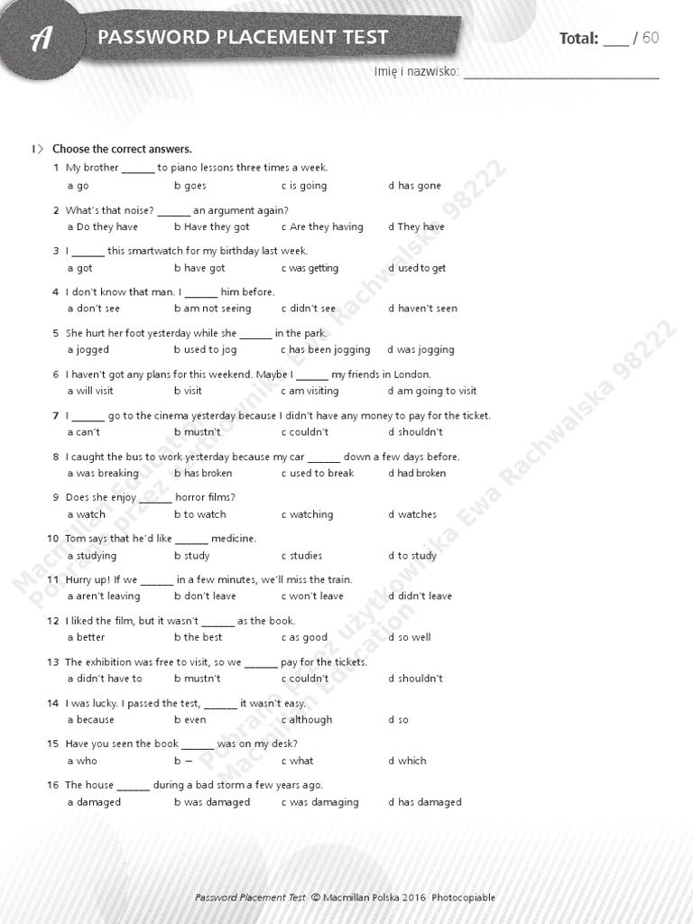 Password Placement Test A | PDF