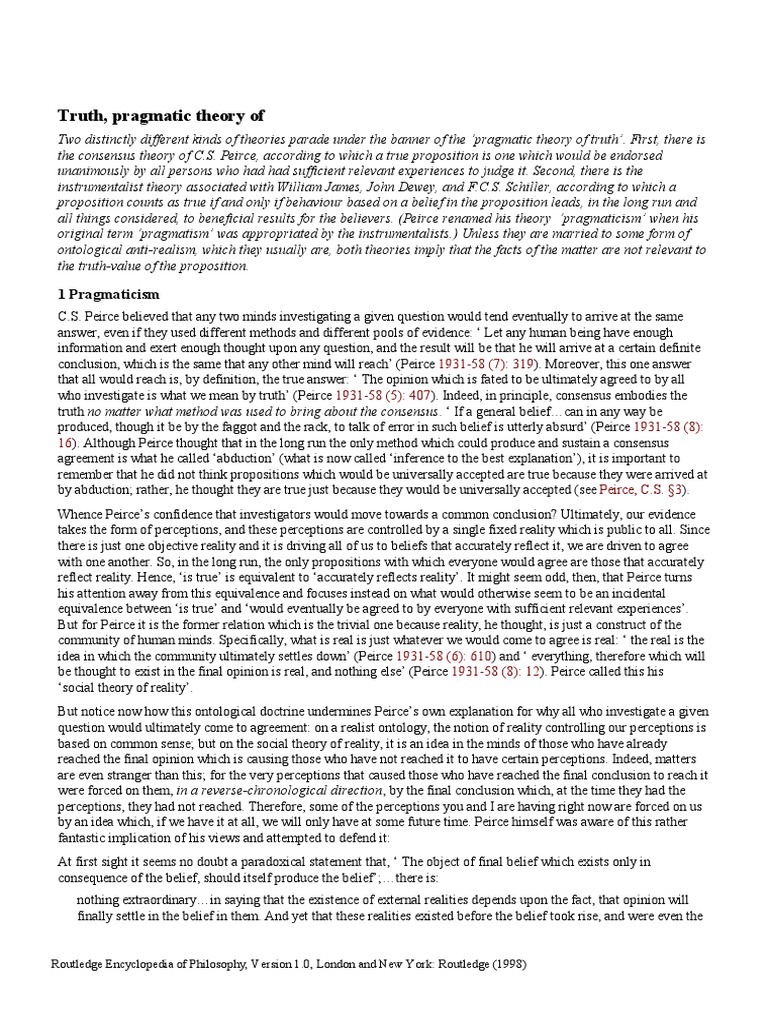 Truth, Pragmatic Theory Of: 1 Pragmaticism | PDF | Charles Sanders ...