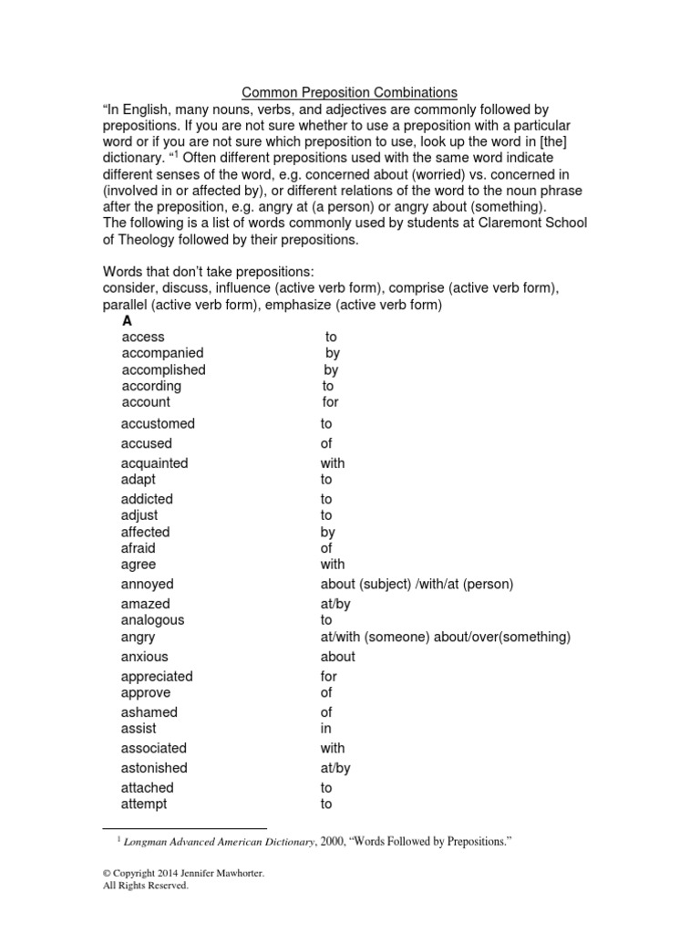 Common Preposition Combinations PDF | PDF | Preposition And Postposition | Verb