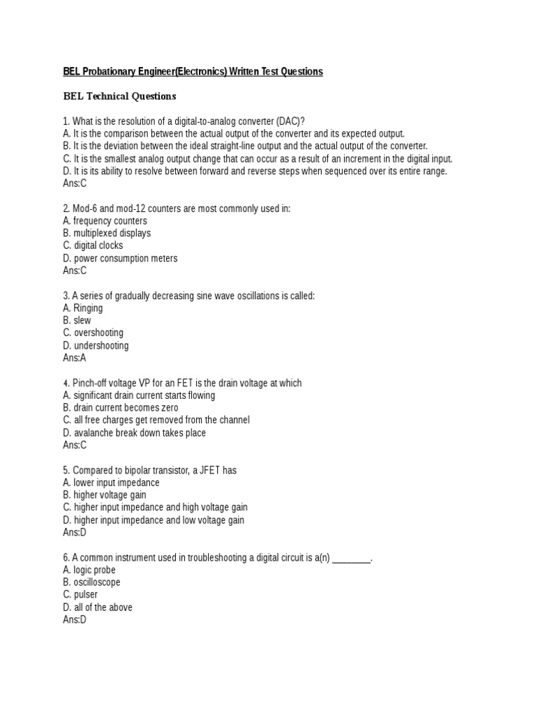 BEL Technical Questions | PDF | Field Effect Transistor | Electronic ...