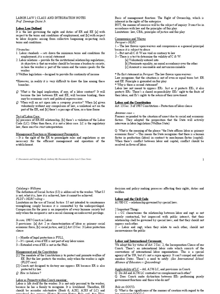 Labor Law 1 Class Notes | PDF | Employment | Apprenticeship