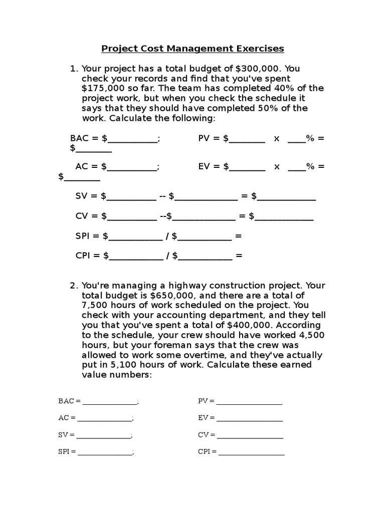 Project Cost Management Exercises | PDF | Accountability | Production ...