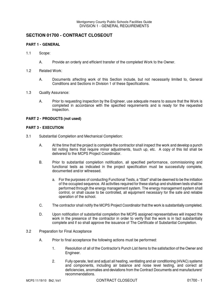 Section 01700 - Contract Closeout: Part 1 - General | PDF | Hvac ...