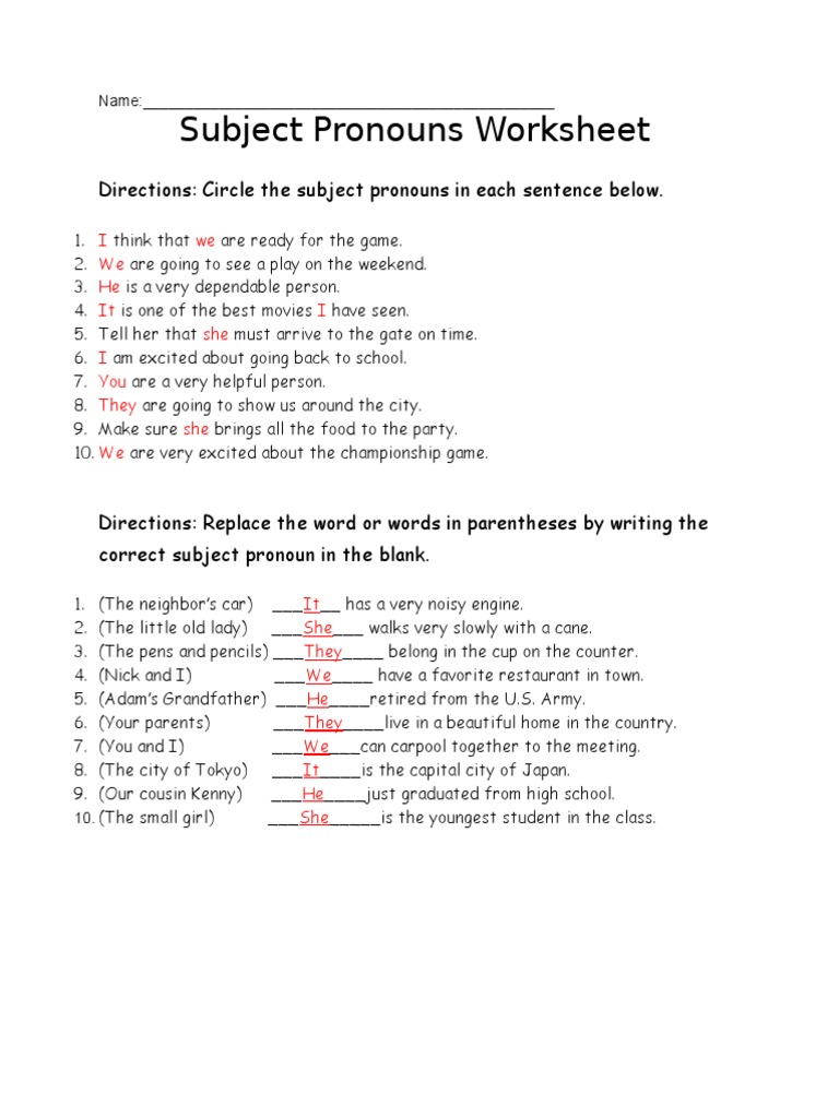 Module 2 Subject Pronoun Worksheet Rubric Key | PDF