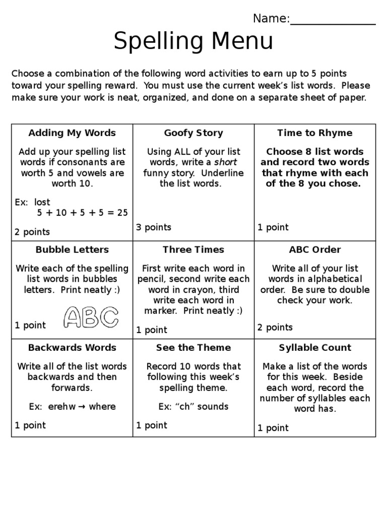 Spelling Activities Menu for Students | PDF