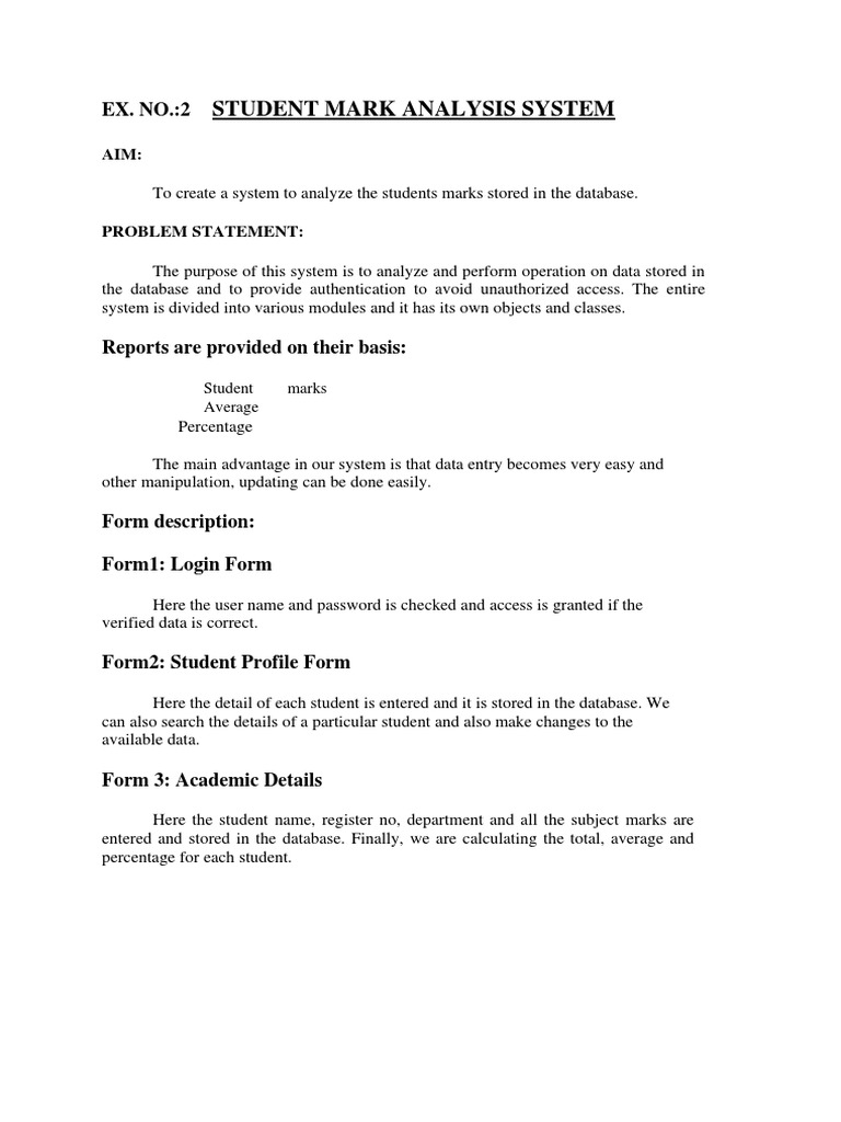 Student Mark Analysis System: EX. NO.:2 | PDF | Databases | Password