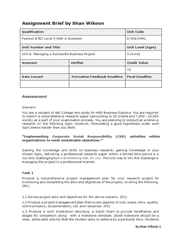 Assignment Brief For HND in Business Unit 6 Managing A Successful ...