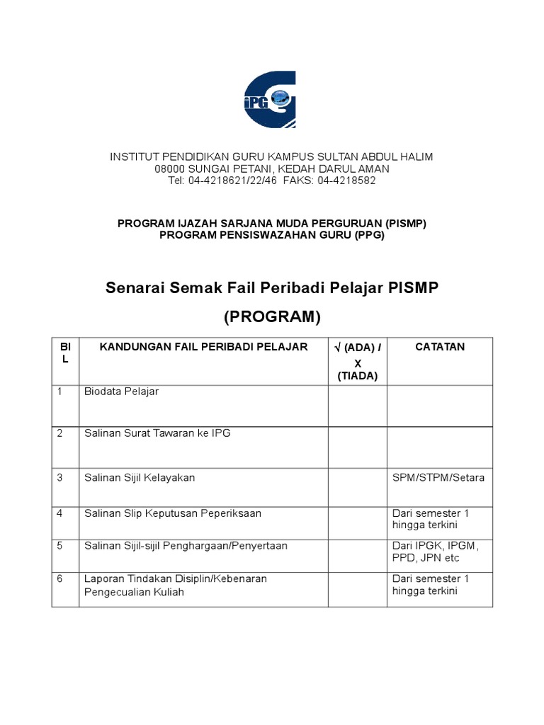 Senarai Semak Fail Peribadi Pelajar PISMP | PDF